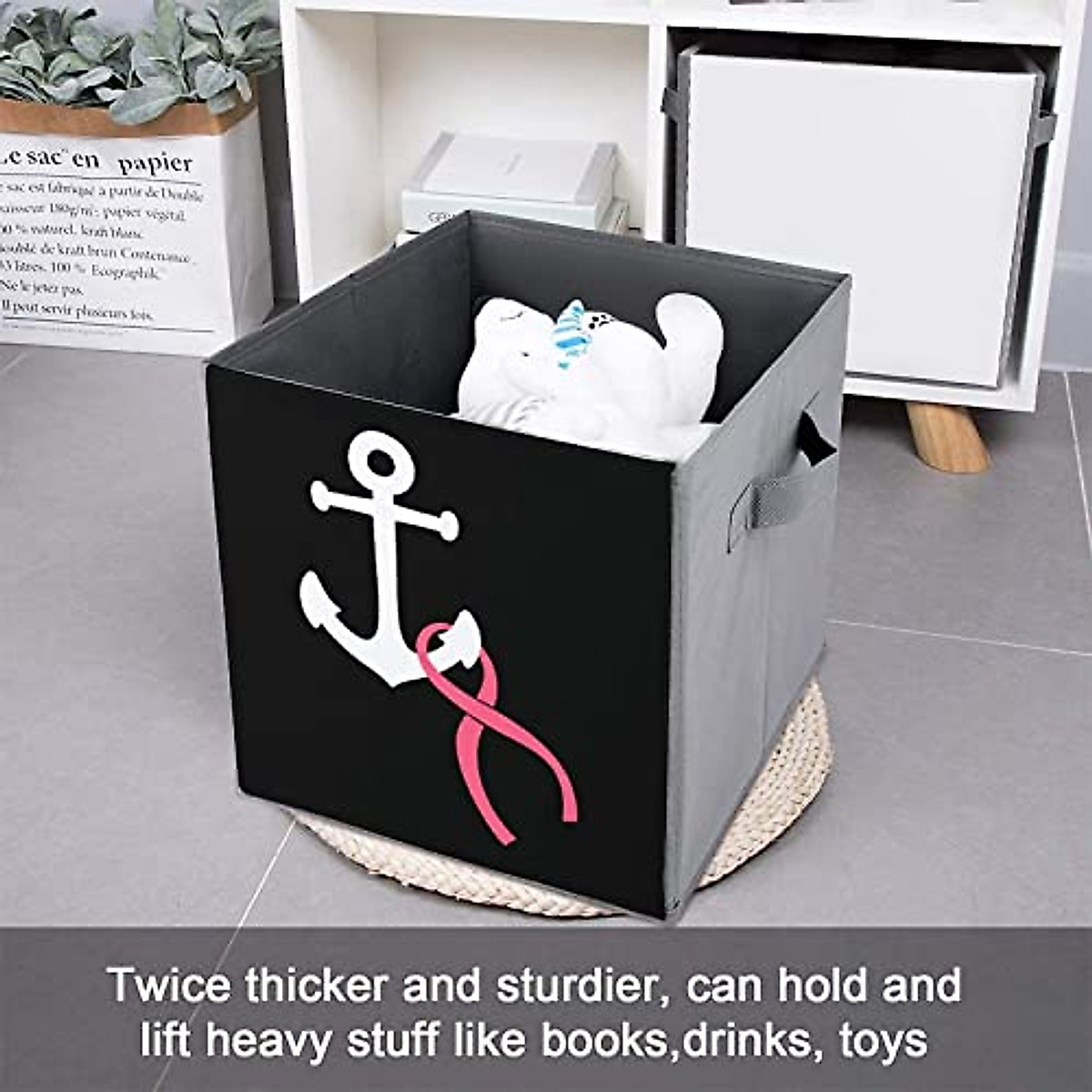 Anchor with Breast Cancer Ribbon Collapsible Storage Bins Basics Folding Fabric Storage Cubes Organizer Boxes with Handles