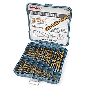 Hi-Spec 99pc SAE HSS Steel Drill Bit Set for Drill Drivers. 1/16 to 3/8" Size Bits for Metal, Plastics, Wood and Drywall. Complete in Storage Holder Case