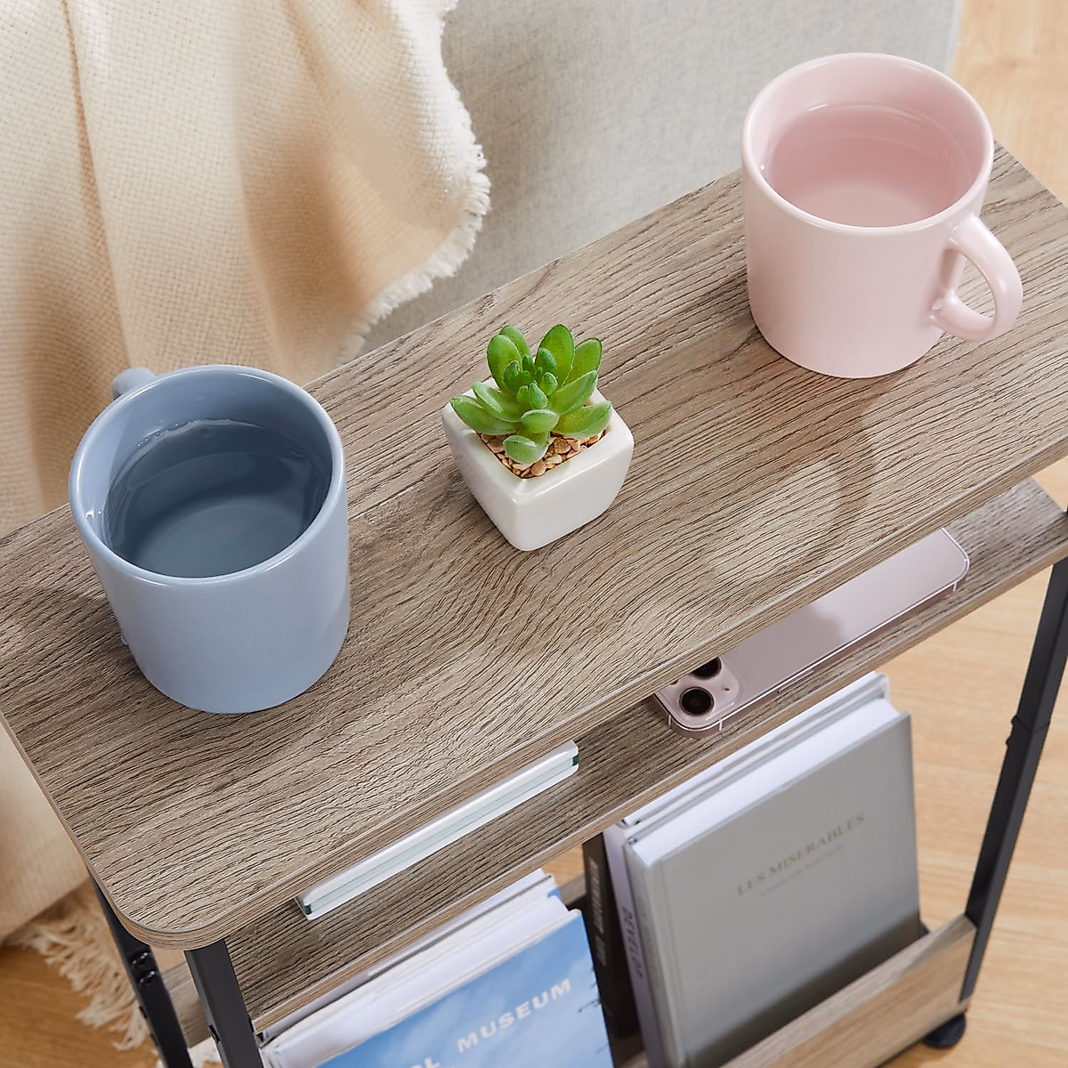 Vintage Narrow Side Table with Storage Shelf, 3 Tier Slim End Table Modern Sofa Table for Narrow and Small Spaces, 24.6 Inch Height Bedside Table Small Nightstand with Magazine Rack (Oak)