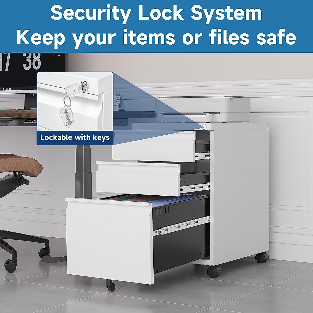 AFAIF 3 Drawer Mobile File Cabinet with Lock, Rolling File Cabinet for Home Office, Under Desk Small File Cabinet, Metal Vertical White Filing Cabinet for Legal/Letter/A4 File, White