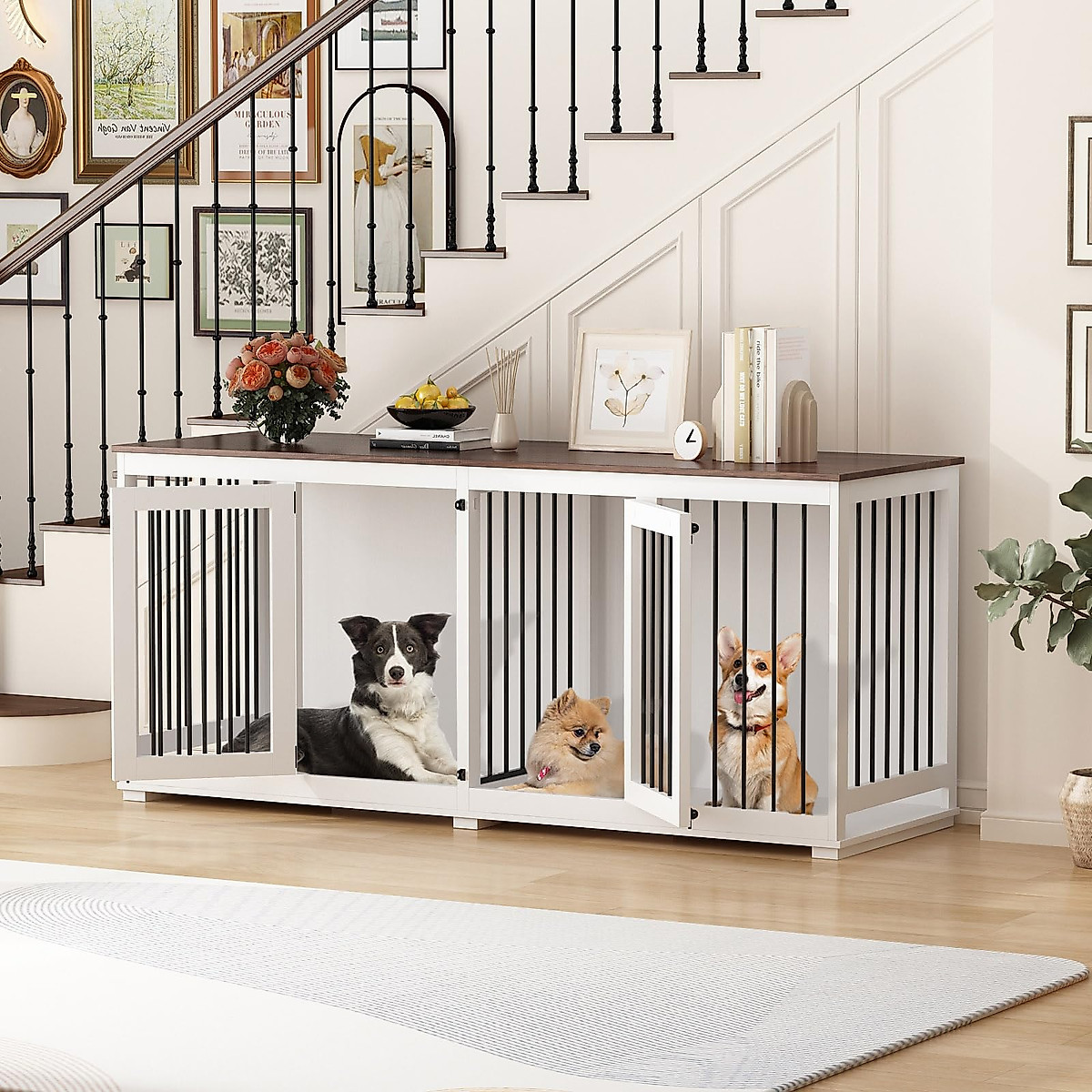 DAWNSPACES Double Dog Crates Furniture for Large Dogs, 71" Heavy Duty Wooden Large Dog Kennel with Removable Divider for 2 Dogs, Indoor Furniture Style Dog Crate House TV Stand, White