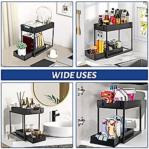 2 Pack Under Sink Organizers and Storage, Under Cabinet Organizer for Kitchen Organizer Multi-purpose Under Kitchen Sink Storage Under Sink Organizers with 4 Hooks (Black-2Pack)
