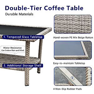 FULLJOJOR 4 Piece Patio Furniture Set, Rattan Chairs with Coffee Table, Wicker Loveseat Outdoor Furniture, Small Patio Conversation Sets for Balcony Porch Garden Pool, Beige/Gray