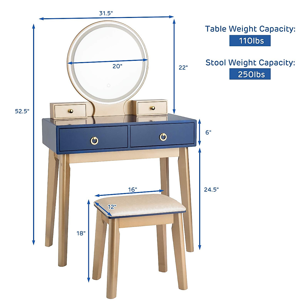 GOFLAME Vanity Table Set 3 Color LED Lighting Modes Touch Screen Dimming Mirror, Jewelry Divider Dressing Table with Round Mirror and Soft Cushioned Stool, 4 Drawers Storage Shelf (Navy)