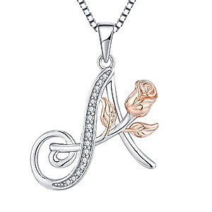 STARCHENIE Initial Necklace for Women Sterling Silver Letters 26 Alphabet Pendant Rose Flower Jewelry Gifts for Family Sisters Friend-A
