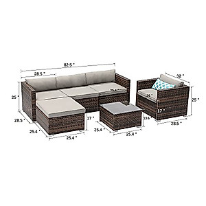 SUNBURY 6-Piece Outdoor Sectional Interwoven Wicker Sofa Patio Furniture Set w 3 Blue White Plaid Pillows, Tempered Glass Coffee Table for Backyard