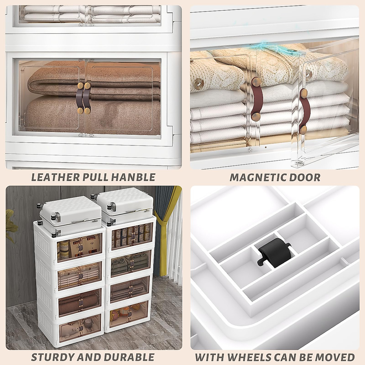 Shelime 4 Pack Foldable Storage Bins with Lids, 23 Gallon Collapsible Storage Bins with Doors and wheels, Stackable Storage Boxes Open Front, Plastic Closet Organziers for Home Bedroom.