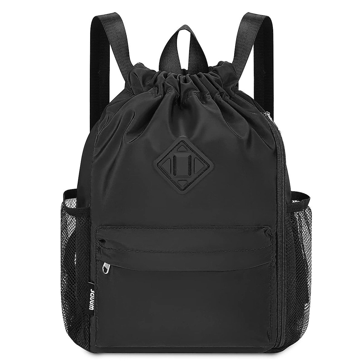 WANDF Drawstring Backpack Sports Gym Bag with Shoes Compartment, Water-Resistant String Backpack Cinch for Women Men (Small,Black)