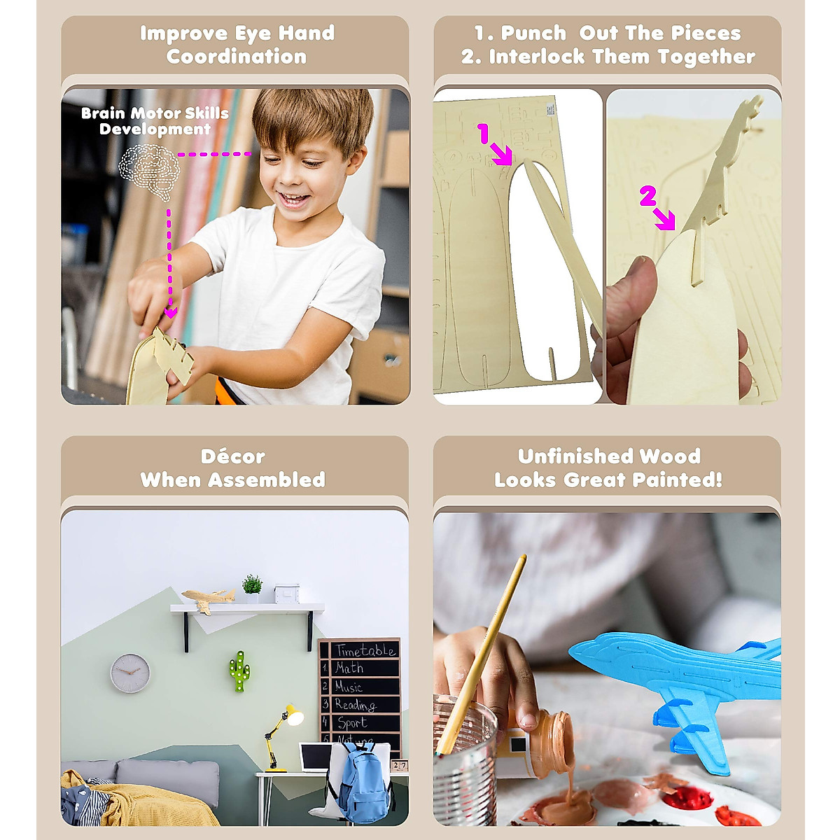 Puzzled 747 Jet Plane 3D Puzzle Wood Craft Construction Kit Aircraft, Fun & Educational DIY Wooden Toy Assemble Model Unfinished Craft Hobby Airplane Puzzle to Build & Paint for Decoration 33pcs Pack