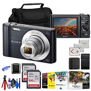 Sony Cyber-Shot DSC-W810 Digital Camera (Black) (DSC-W810/B) + 2 x NP-BN1 Battery + 2 x 64GB Card + Corel Photo Software + Case + Charger + Card Reader + Flex Tripod + Cleaning Kit + More (Renewed)