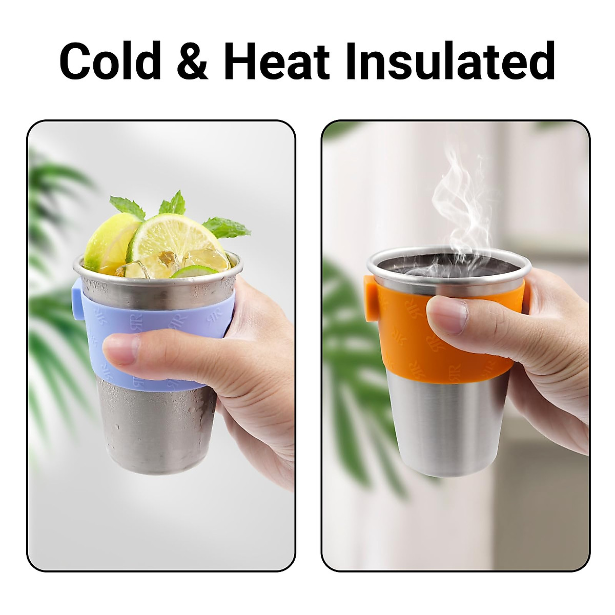 Rich&Ray 12 oz Magnetic Fridge Cups, Magnetic Hanging Cup Hanging on Fridge, Reusable Stainless Steel Cups with Silicone Cup Holder for Fridges or Water Coolers, 4 Pack (Multicolor)