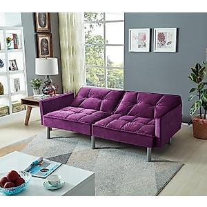Legend Furniture Velvet Loveseat Futon Convertible Sofa Bed for Living Room and Couch for Bedroom Sofabed Sleeper, 75.5'', Purple