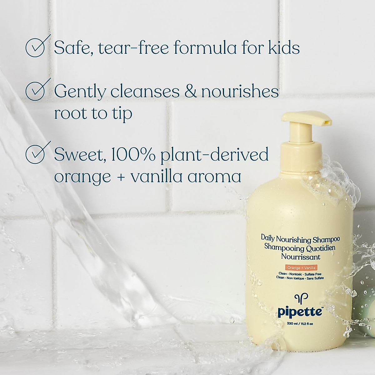 Pipette Daily Nourishing Shampoo - Tear Free Shampoo for Kids, Adds Moisture, 100% Plant-Derived Squalane and Quinoa, Orange + Vanilla Aroma, 11.2 fl oz