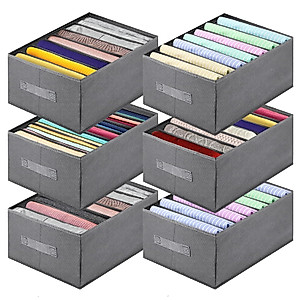 Suzurana 6 Pack Jeans Organizer for Closet, Foldable Wardrobe Clothes Organizer with Handle, Stackable Closet Clothes Drawer Organizer Tshirts with 7 Grids for Leggings, Sweater, Jean, Pants, Grey