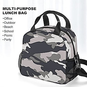 Gray Green Camouflage Printed Lunch Box Tote Bag with Handles and Shoulder Strap for Men Women Work Picnic