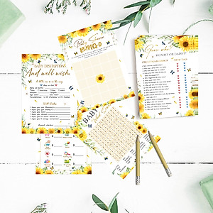 145 Pieces Sunflower Baby Girl Shower Game Set 5 Games 25 Sheets of Each with 20 Pencils Floral Baby Shower Games & Activities for Girl Includes Baby Descriptions and Wishes, Guess Who, Bingo Game