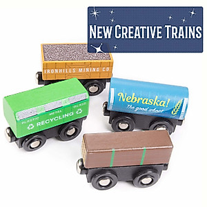 Playtime Express Train Set | 12-Piece Wooden Train Box | Includes Unique Custom Designs and Classics: Recycling Transport, Timber Train, Wheat Car, Coal Train, Oil Tanker, and More