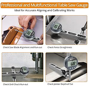 Neoteck 0-1'' Digital Dial Indicator Table Saw Gauge Suitable for Table Saws with a Groove Width of 3/4" (19mm) or more for Aligning and Calibrating Work,Shop Machinery,Band Saw and Drill Press-Silver