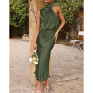 BTFBM Women's Sleeveless Cocktail Dresses Mock Neck Keyhole Elastic High Waist Wedding Guest Evening Party Maxi Dress(Solid Army Green, Medium)