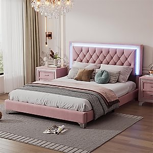 Queen Size Velvet Upholstered Platform Bed Mattress Foundation w/Crystal Tufted Headboard&LED Light for Adult,Low Profile Panel Bed Frame w/Metal Legs&Wooden Slat Support for Bedroom Guestroom (Pink)