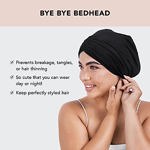 Kitsch Satin Lined Beanie for Women - Satin Beanie Night Cap, Satin Sleep Cap, Slouchy Beanie, Hair Cover for Sleeping, Softer Than Silk Bonnet for Sleeping, Satin Hair Cap Sleep Beanie (Black)