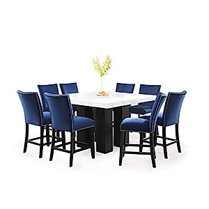 Camila Marble Top Square 9-Piece Counter Height Dining Set Blue Velvet