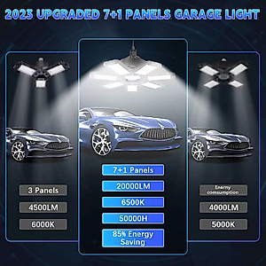 2 Pack LED Garage Light 200W, Led Workshop Ceiling Light 20000LM 6500k, Daylight Ultra Bright Garage Lighting, E26/E27 Base Basement Bulb Deformable 7+1 Adjustable Panels Garage Ceiling Light