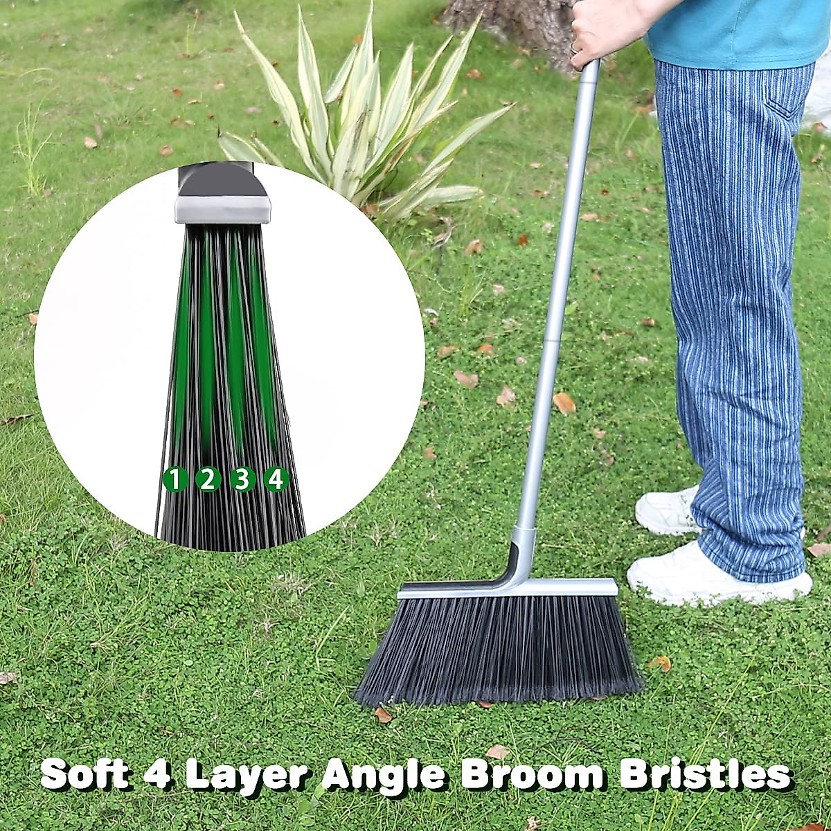 Outdoor/Indoor Broom for Floor Cleaning with 58 inch Long Handle, Angle Brooms Heavy Duty for Home Garage Kitchen Office Courtyard Lobby Lawn Concrete
