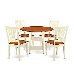 East West Furniture SUAV5-BMK-W 5 Piece Dining Room Furniture Set Includes a Round Dining Table with Dropleaf & Shelves and 4 Wood Seat Chairs, 42x42 Inch, Buttermilk & Cherry
