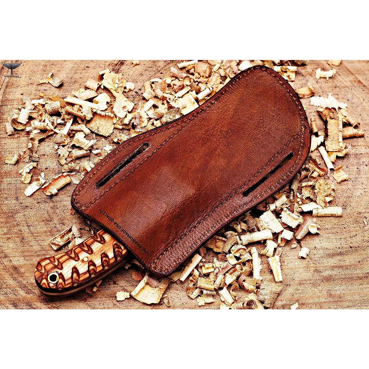Leather Knife Sheath, Slanted Pancake Sheath, Tooled Leather Sheath, Belt Sheath, Beautiful Cow Boy Bull Cutter Knife Leather Sheath 100% Real Leather and Exotic Cow Hide Sheath - OHM-103 (OHM-103 PANCAKE)