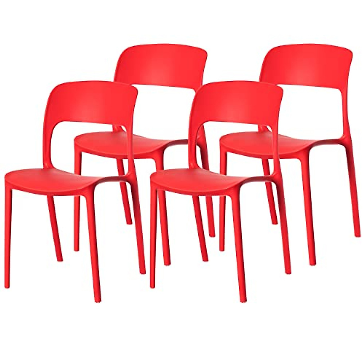 Fabulaxe Modern Plastic Outdoor Dining Chair with Open Curved Back, Red Set of 4