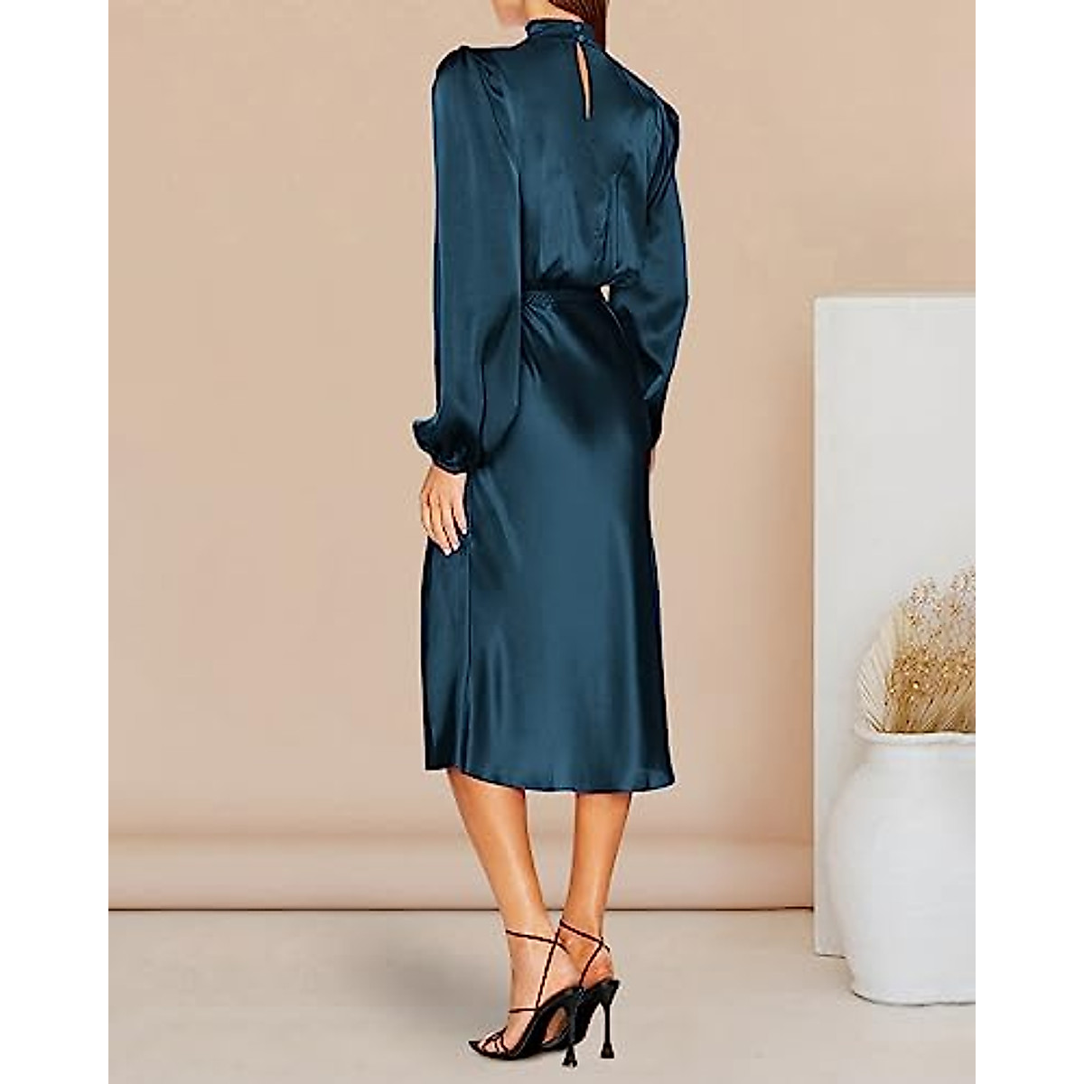 PRETTYGARDEN Women Fall Formal Mock Neck Long Sleeve Satin Dress Elastic Waist High Slit Midi Wedding Guest Dresses 2023(Solid Dark Blue,Medium)