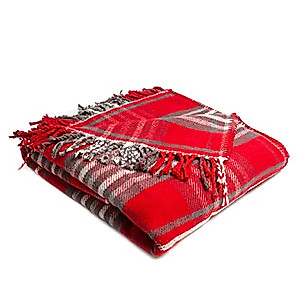 STP GOODS Cotton Red Throw Blanket Plaid for Couch Sofa Bed 86.6 х 63'' Twin Soft Warm Blanket with Fringe Scotch Travel Blanket (Red / Gray)