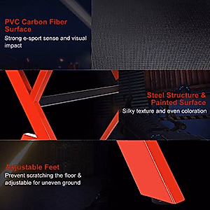 Tangkula Computer Desk Gaming Desk, Ergonomic Gamer Workstation with Cup & Headphone Holder Mouse Pad, Carbon Fiber Surface and R-Shape Steel Frame, Game Desk Gaming Workstation (Black & Red)