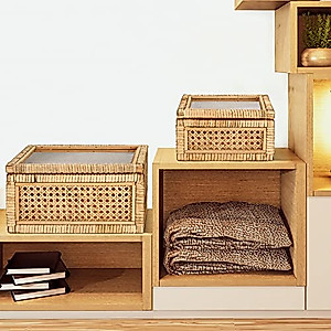 Amyhill Set of 2 Boho Rectangular Rattan Decorative Boxes with Glass Lids Woven Cane and Rattan Display Boxes with Lids Storage Basket Bins for Home Decor (12 x 12 x 6 Inch, 9 x 9 x 4.5 Inch)
