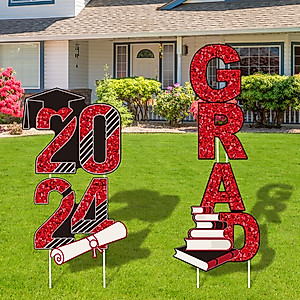 URATOT Red ''2024 GRAD'' Yard Signs Including 4 Pieces Glittering Graduation Yard Signs with 8 Pieces Stakes Party Outdoor Decorations, Waterproof Lawn Decor, Graduation Party Supplies