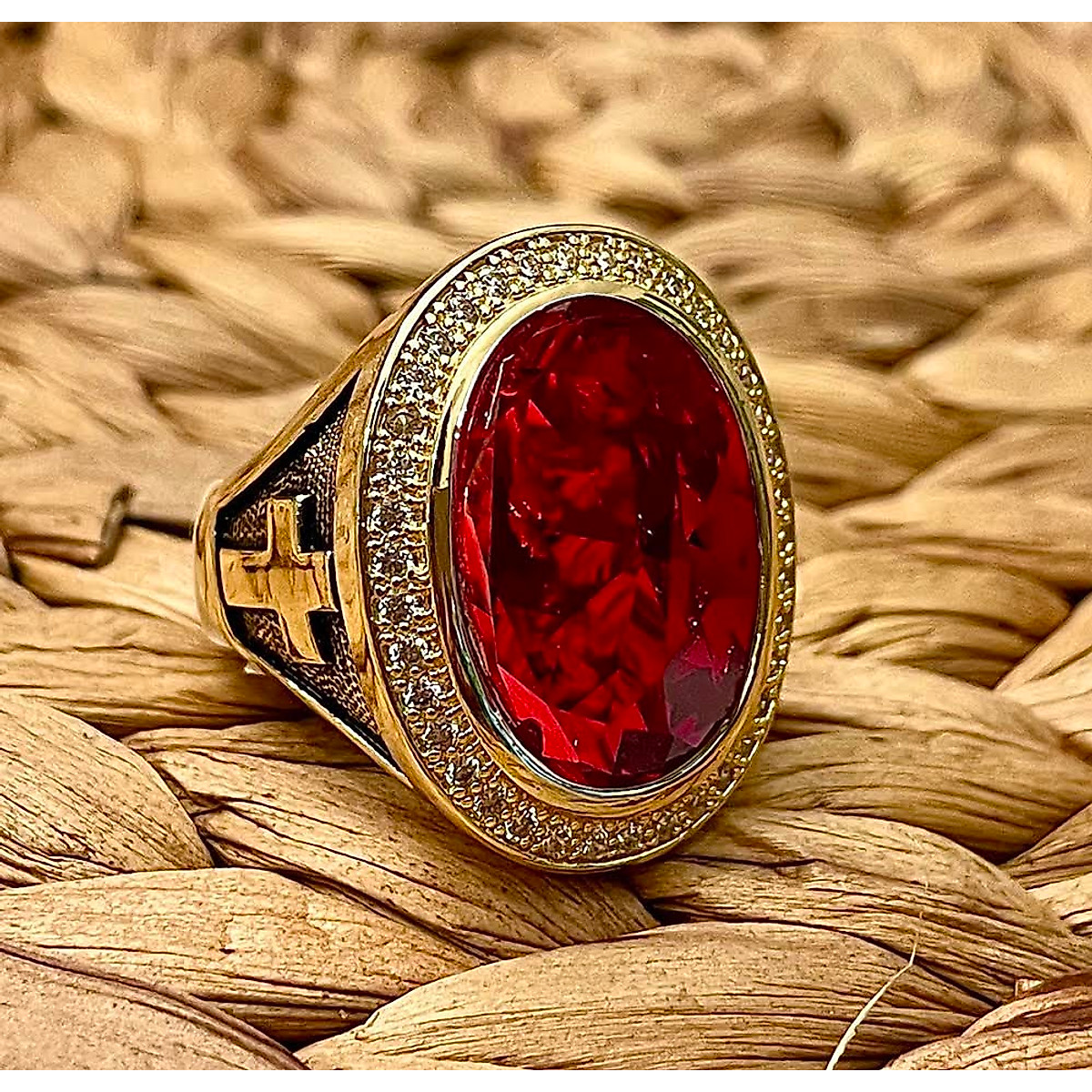 HKN1682 Designs Ruby Red Cubic Zirconia 14k Gold Plated Bishop Cross and Midre Ring Size 13
