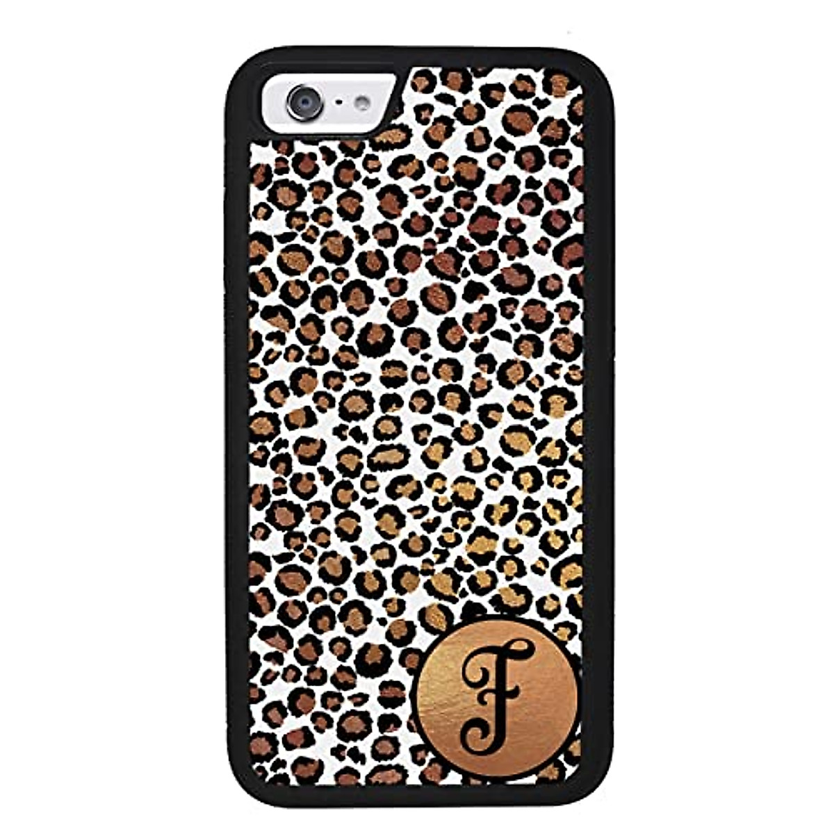 White Gold Foil Leopard Personalized Initial Apple iPhone Black Rubber Phone Case Compatible with iPhone 14 Pro Max, Pro, Max, iPhone 13 Pro Max Mini, 12 Pro Max Mini, 11 Pro Max X XS Max XR 8 7 Plus