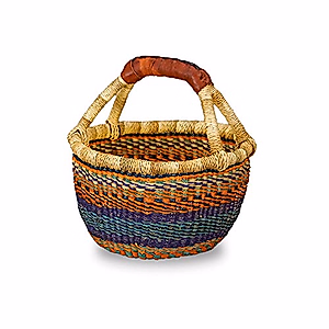 African Market Basket, Small Round Woven Straw Basket with Handle Fair Trade Storage Container