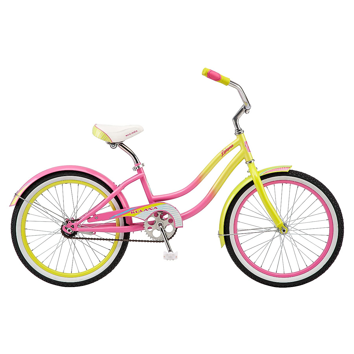 Kulana Lakona Shore Youth Beach Cruiser Bike, 20-Inch Wheels, Single Speed, Pink/Yellow, Model Number: R0901AZ