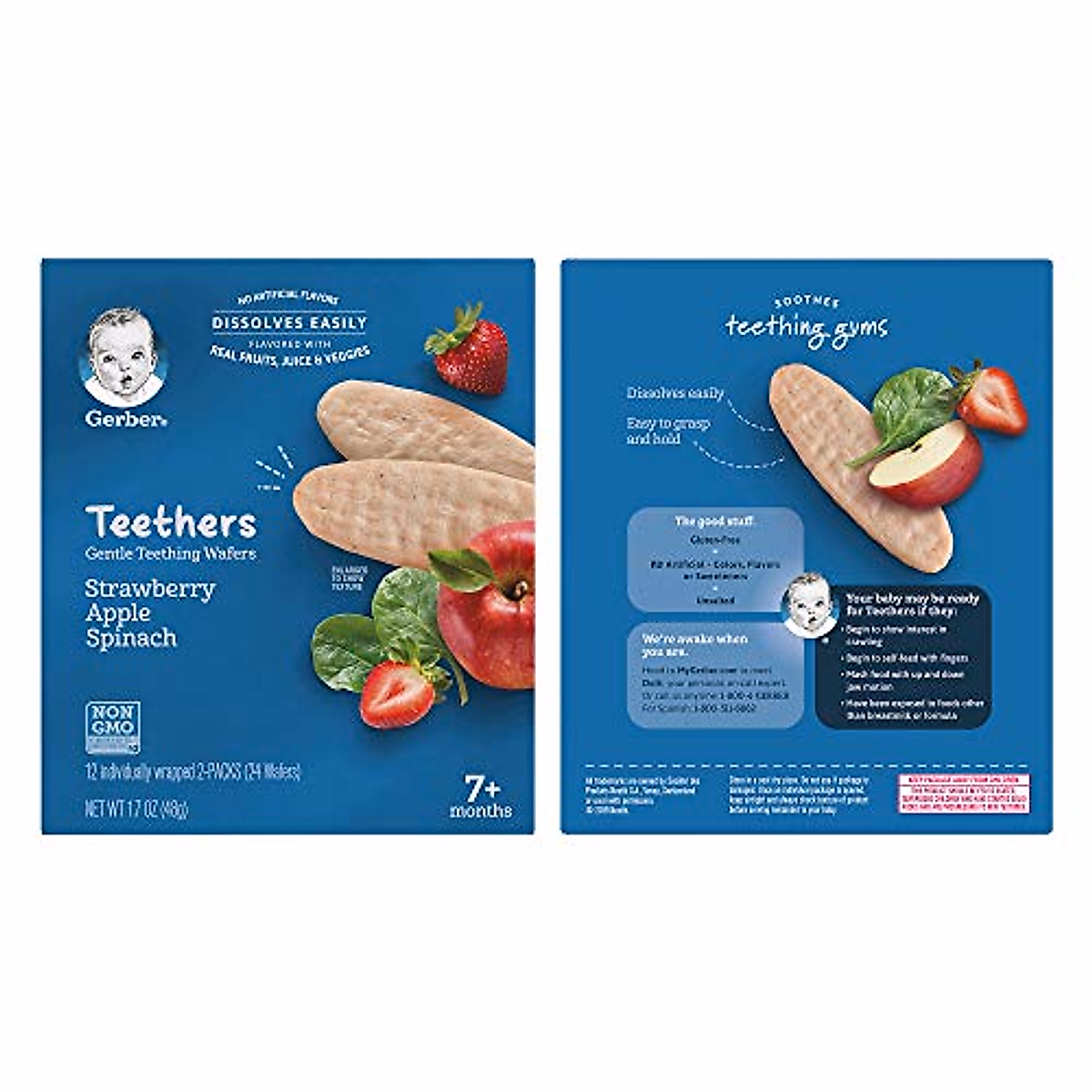 Gerber Teethers Gentle Teething Wafers Variety Pack - 1 Box Banana Peach, 1 Box Strawberry Apple Spinach - 12 CT/Box (Pack of 2 Boxes)
