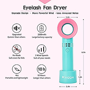 Kugge Bladeless Mini Eyelash Fan Dryer, Portable 2000mAh USB Rechargeable Handheld Lash Fan Dryer for Eyelash Extensions (Green)