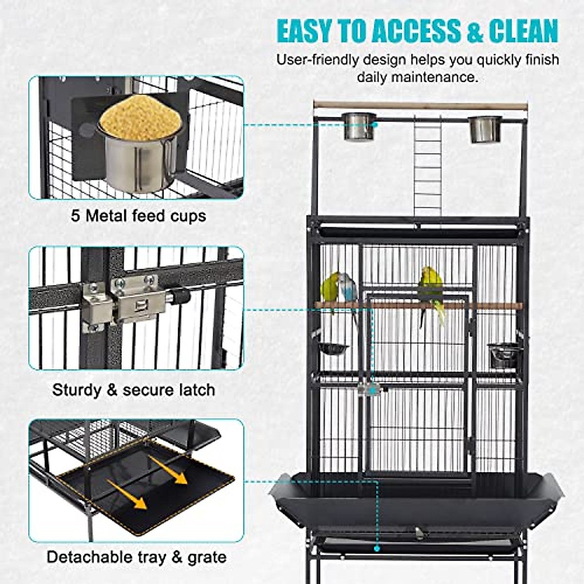 Kinpaw 68" Bird Cage Large - Wrought Iron Open Play Top Perch with Rolling Stand Castor Wheels Feeding Bowl for Parrot Cockatiel Finch Pet Supplies Black…