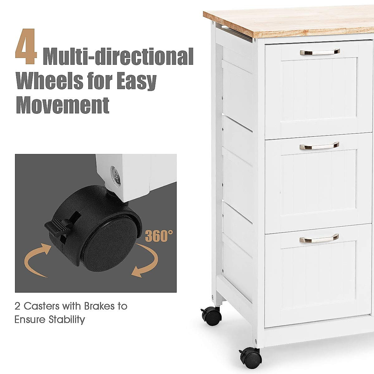 Giantex Kitchen Island Cart, Home Bar Serving Cart, Kitchen Trolley with 3 Large Drawers, Storage Shelf and 3 Tier Shelves, Rolling Storage Cabinet, Mobile Cart (White)