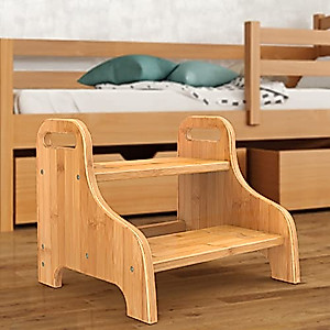 Wooden Kids Adults Step Stool, DORPU Toddler Step Stool for Bathroom Sink, 2 Step Potty Stool with Handles, Bamboo Step Stool, Natural