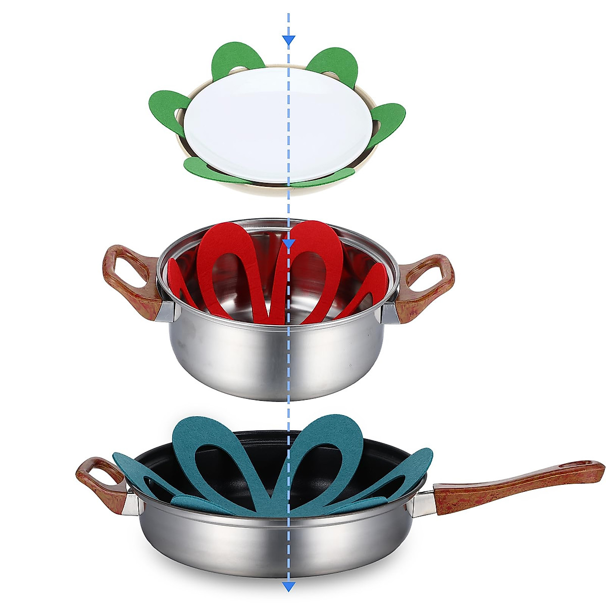 Oruola 8Pcs Pan Protectors,4 Different Sizes Color Flower Pan Protectors for Stacking,0.08In Thickness Felt Pot Protectors for Stacking and Protecting Glassware, Cookware and More,6In 8In 10In 12In