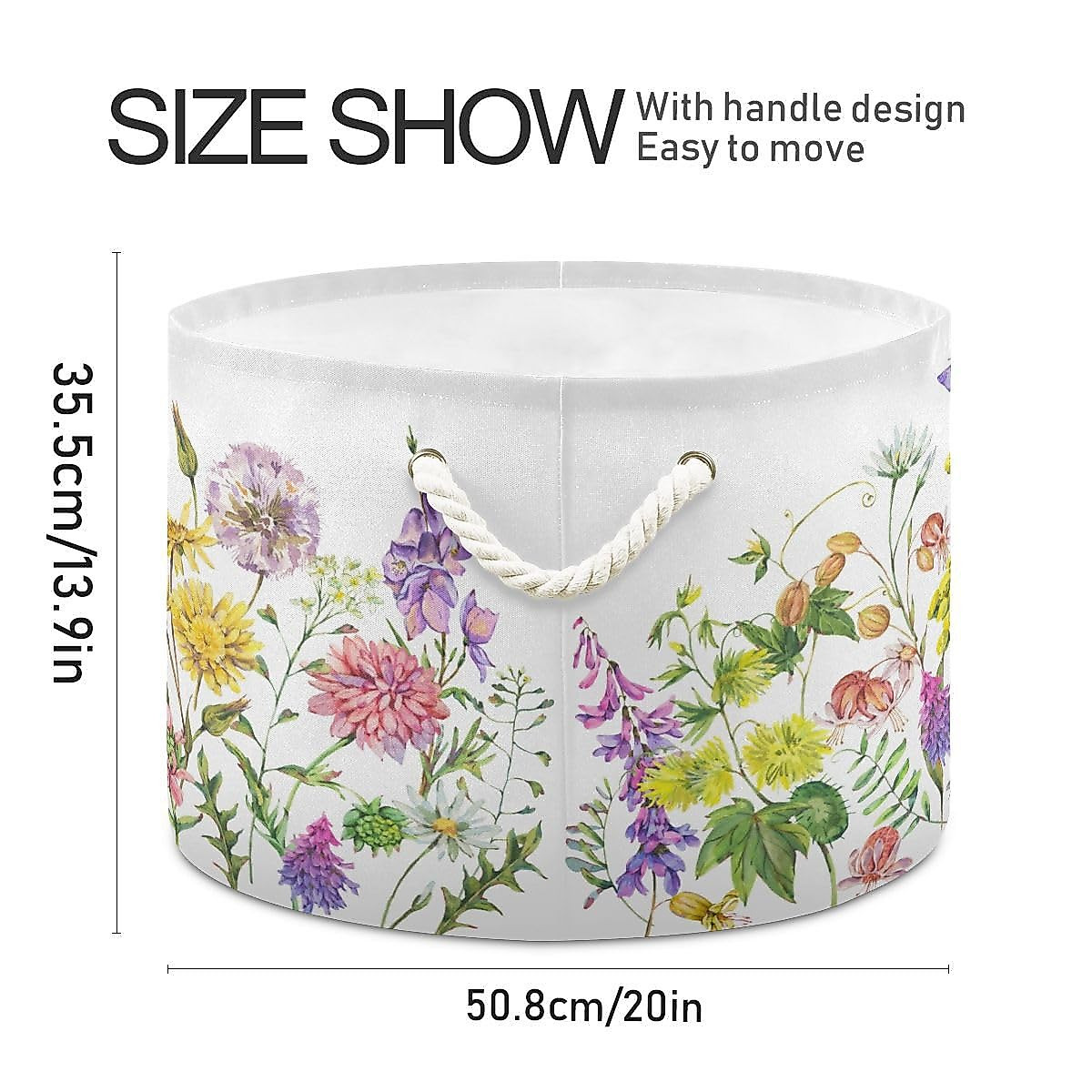linqin Large Collapsible Cotton Rope Basket Wildflower Floral Laundry Basket 20 x 14 Inches Storage Basket Organizer for Toys, Pillows, Cushions in Living Room, Home Decor