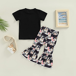 Toddler Western Baby Girl Clothes Bell Bottom Outfit Short Sleeve Letter Tops Cow Print Flare Pant Sets Cowgirl Outfits (D-Black, 4-5 Years)