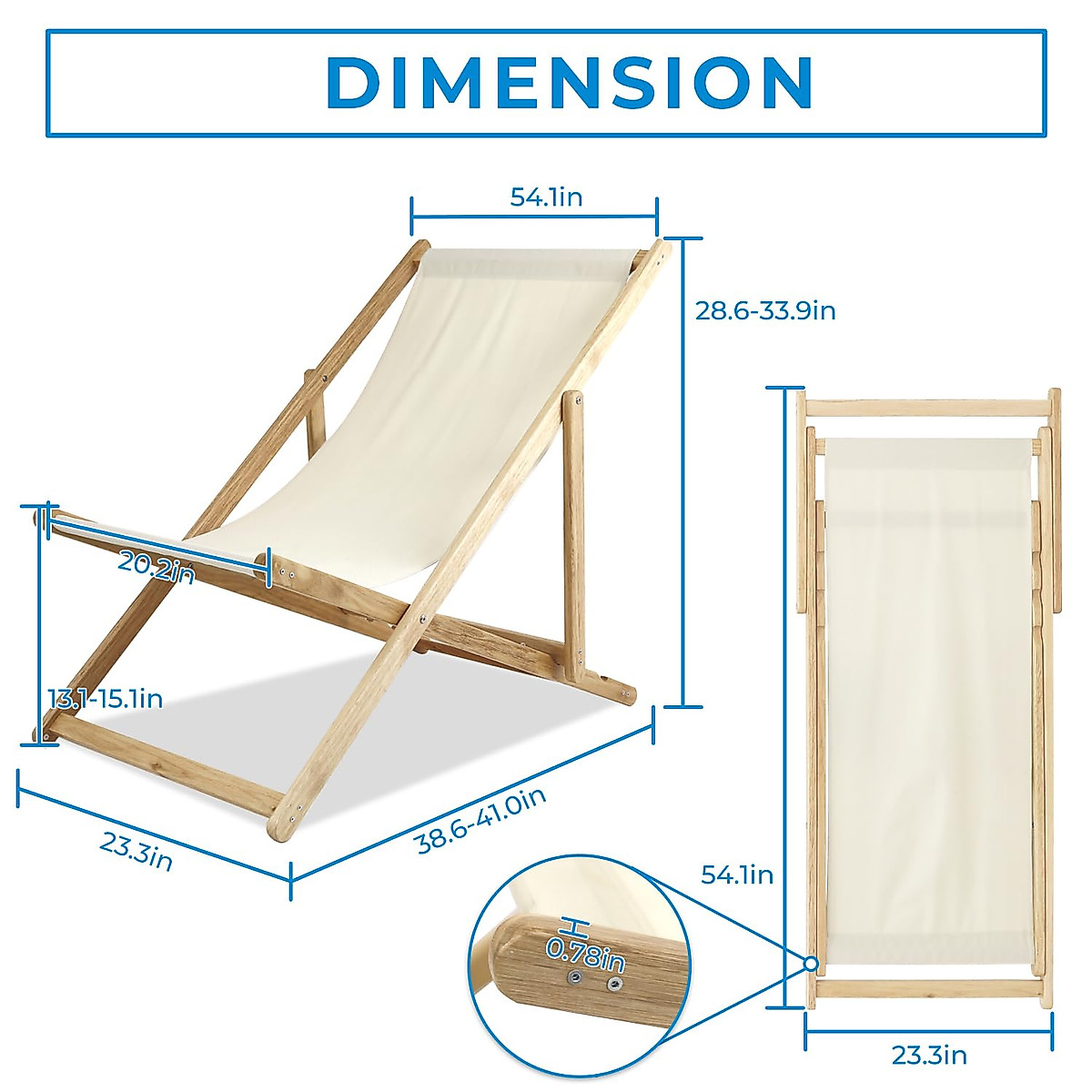 ketive Patio Lounge Chairs Set of 2 Adjustable Outdoor Wooden Sling Chairs, Made of Acacia Wood and Oxford Cloth, 250 lbs Capacity, Foldable and Easy to Carry for Patio and Indoor Use