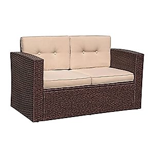 Super Patio Outdoor Wicker Loveseat Patio Furniture, Rattan Corner Sofa Chair with Beige Cushions, Additional Seats for Sectional Sofa Set, Porch and Poolside, Espresso Brown